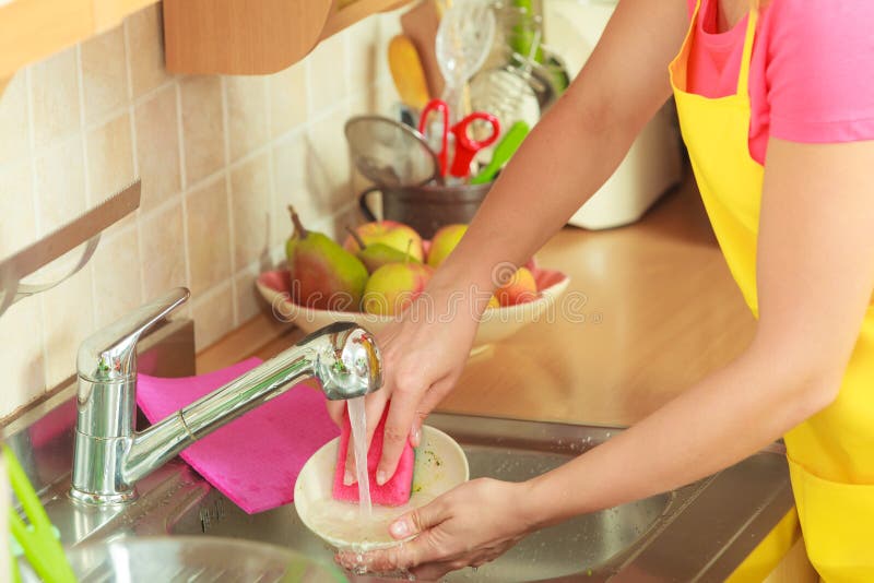 Woman Doing the Washing Up in Kitchen Stock Photo - Image of household ...