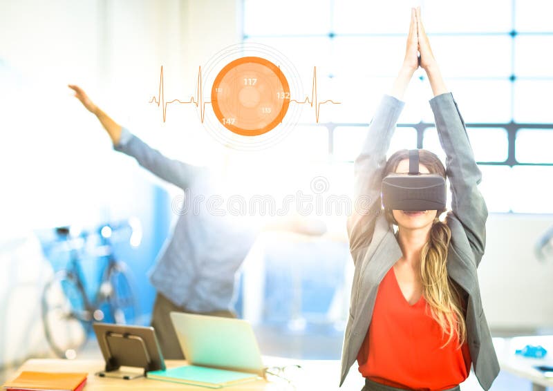 Woman Doing Yoga Exercise Wearing VR Virtual Reality Headset with ...