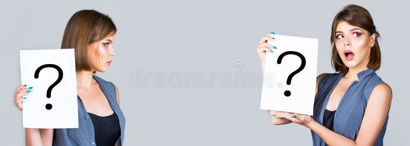 Woman with Doubtful Expression and Question Marks. Thinking Woman. Girl ...