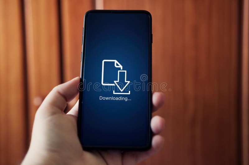 Woman Downloading Files or Installing Software on Smartphone. Stock ...