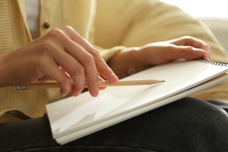 Woman Drawing with Pencil in Notepad Stock Image - Image of craft, hand ...