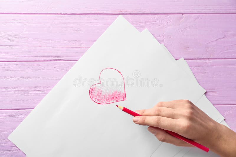 Woman Drawing Red Heart on Sheet of Paper Stock Photo - Image of pink ...