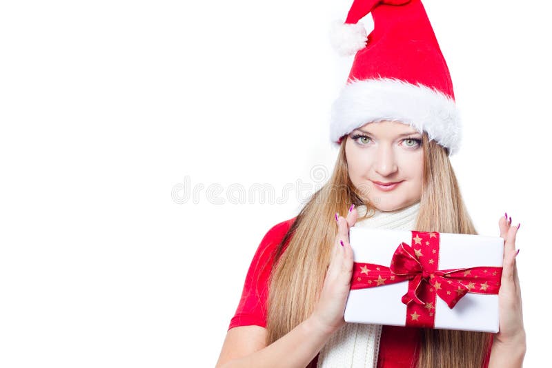 Woman Dressed As Santa and Holding Xmas Gift Stock Photo - Image of ...