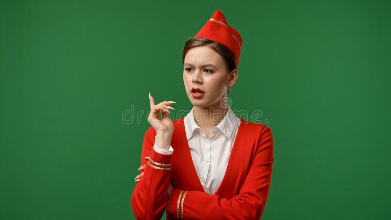 Woman Dressed As Stewardess Air Hostess in Red Uniform Thinking about ...