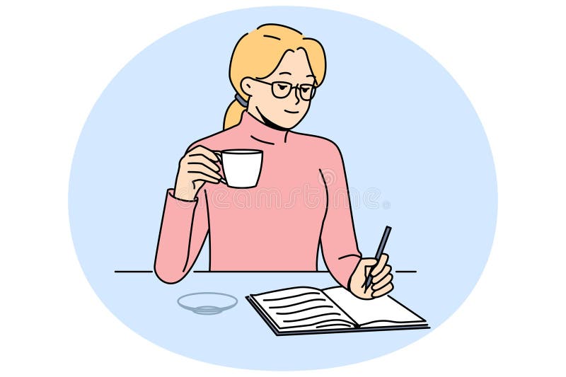 Woman Drink Coffee Write in Notebook Stock Vector - Illustration of ...