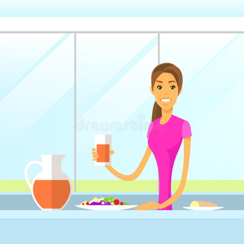 Woman Drink Juice Sitting at Kitchen Morning Stock Vector ...