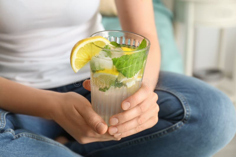 Woman Drinking Fresh Lemonade at Home, Closeup Stock Image - Image of ...