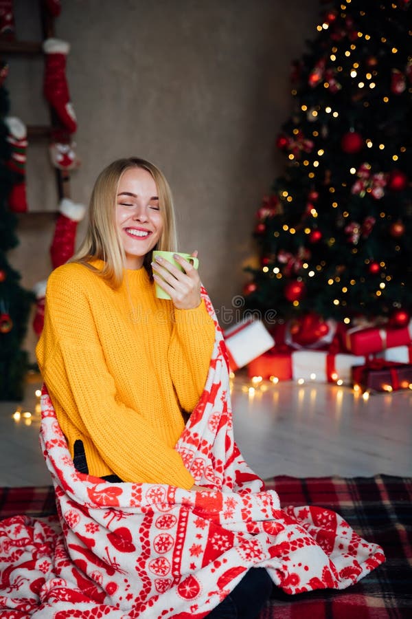 Woman Drinking Hot Coffee at Christmas Tree Stock Photo - Image of home ...