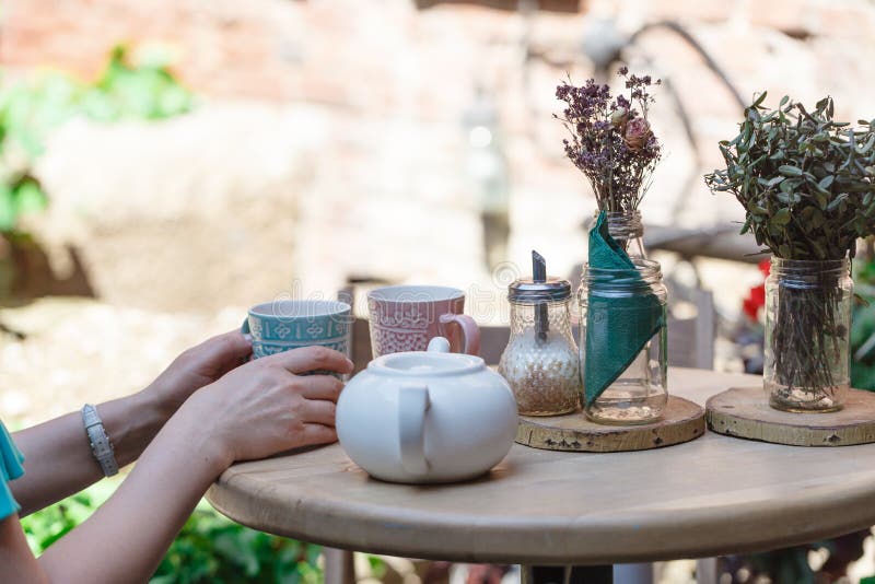 Woman are Drinking Tea in Street Cafe Stock Image - Image of beautiful ...