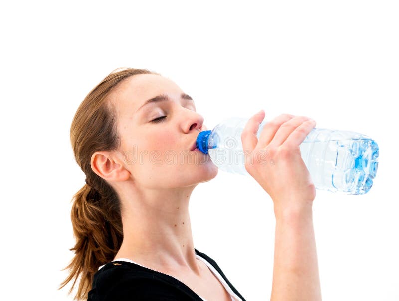 Woman Drinking Water Against White Background Stock Image - Image of ...