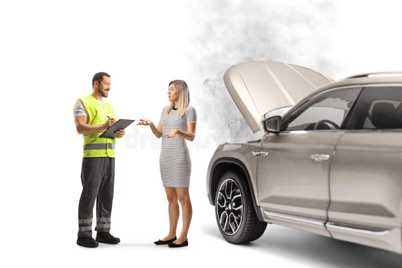 Woman Driver with Car Problem Talking To a Road Help Worker Stock Image ...