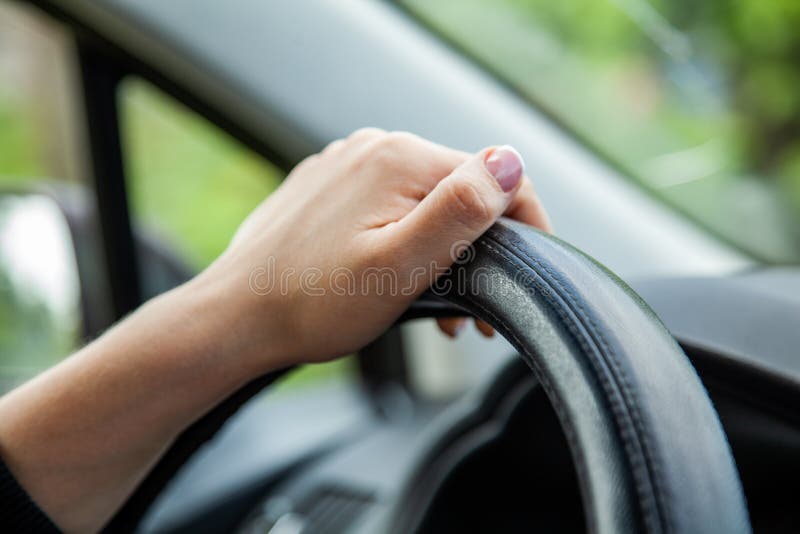 Woman Driver, Female Hand on the Wheel of the Car Stock Photo - Image ...
