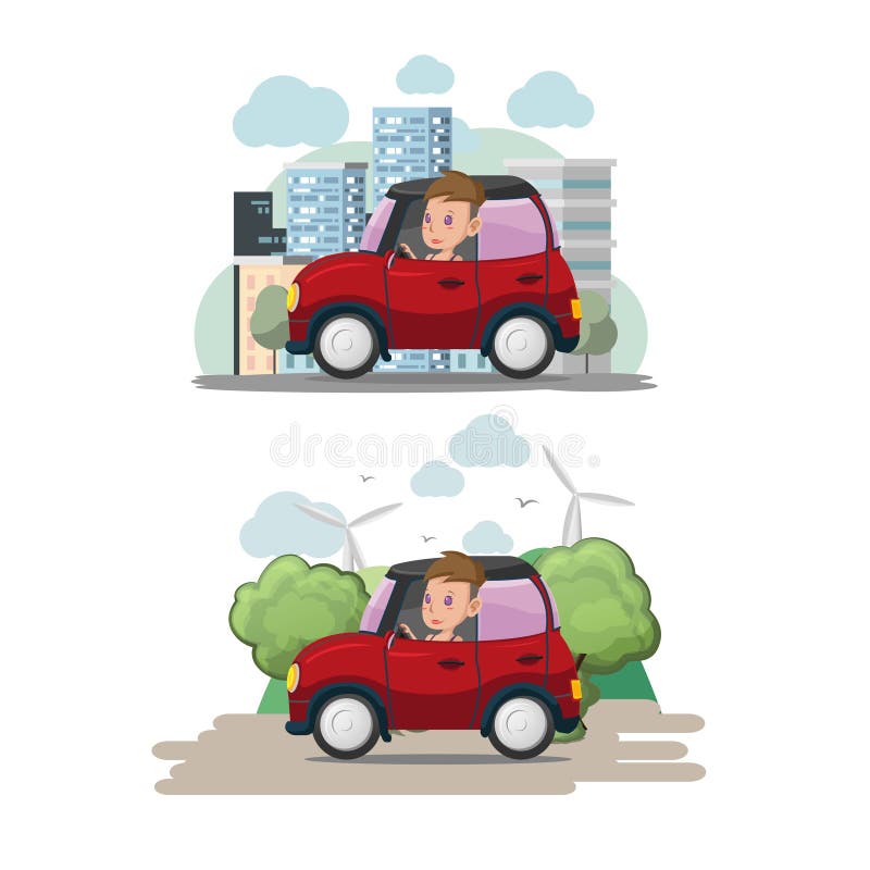 Woman Driver Red Car City Eco Vector Stock Vector - Illustration of ...