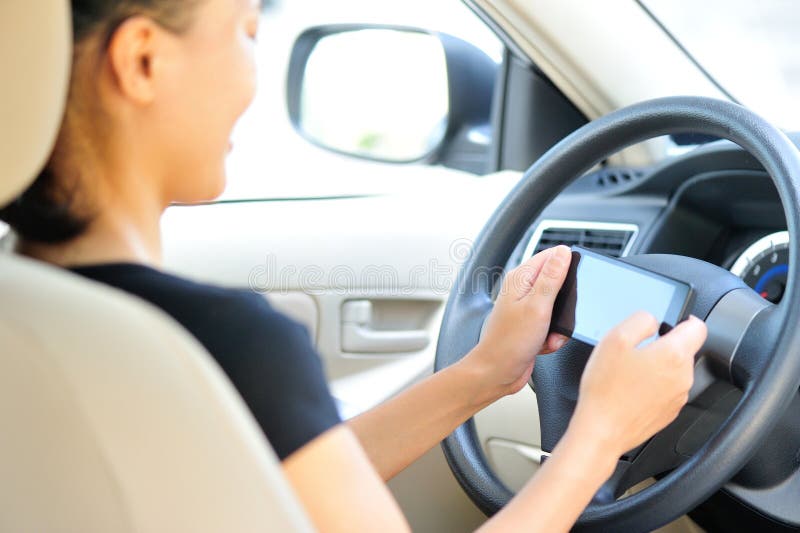 Woman Driver Use Cell Phone in Car Stock Photo - Image of cell, girl ...