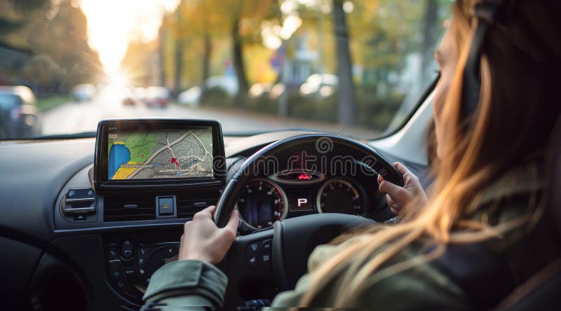 A Woman is Driving a Car with a GPS System on the Dashboard. Smart ...