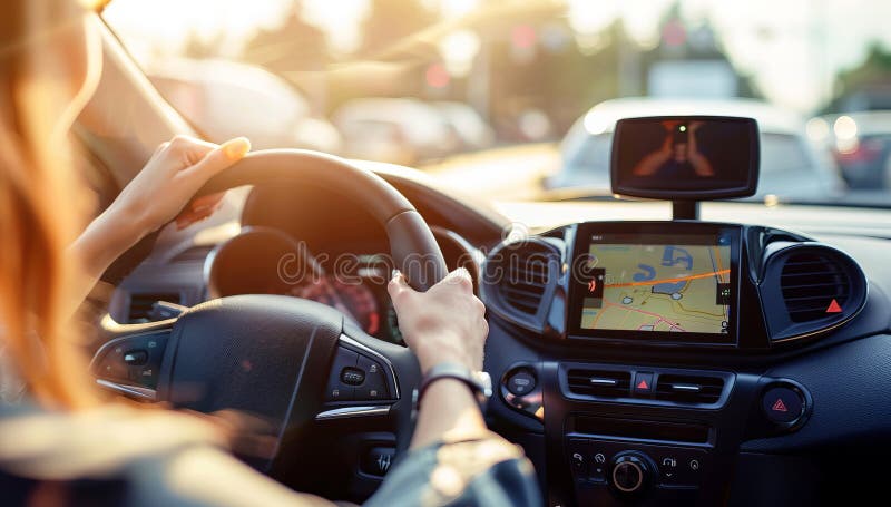 A Woman is Driving a Car with a GPS System on the Dashboard. Smart ...