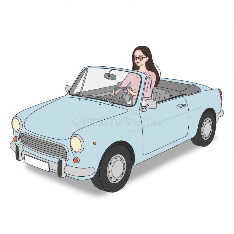 Woman Driving Light Blue Retro Convertible Stock Illustration ...