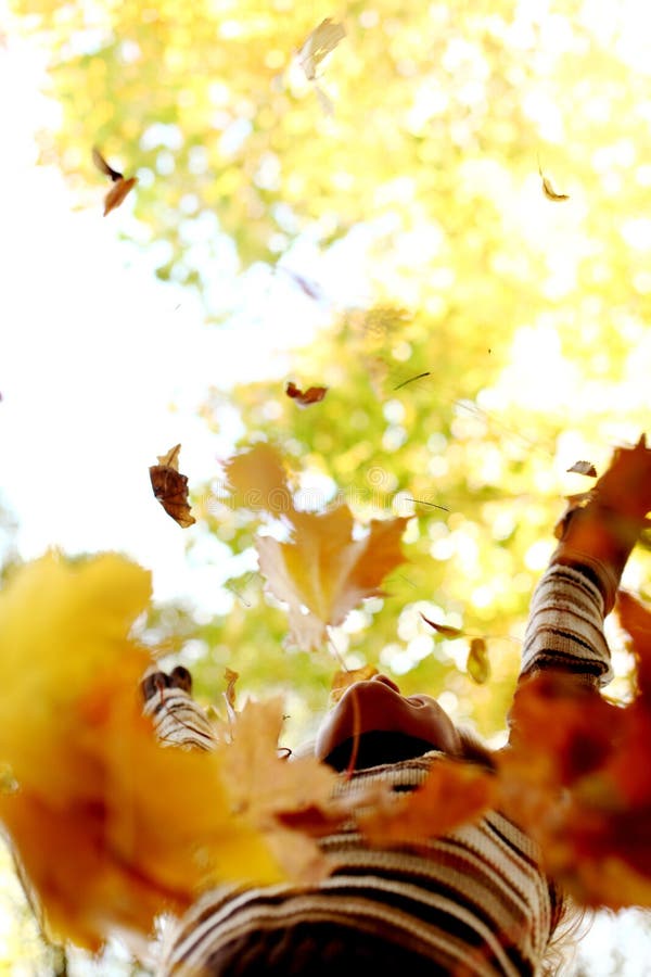 Woman Drop Leaves in Autumn Park Stock Image - Image of happiness ...