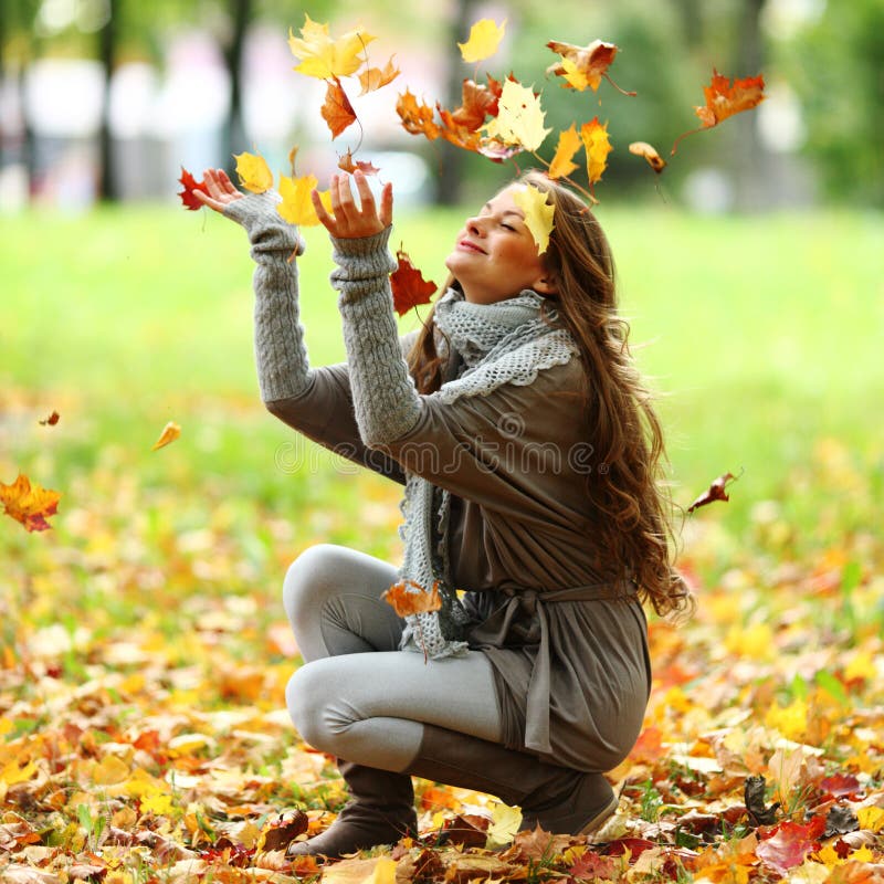 Woman Drop Leaves in Autumn Park Stock Image - Image of background ...