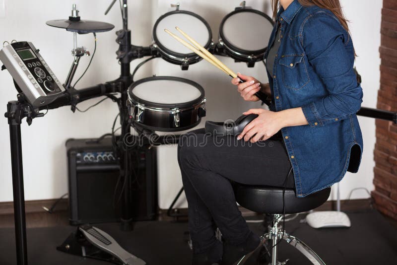 Woman Drummer Practicing at Home Stock Photo - Image of drum, young ...