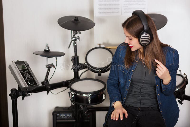 Woman Drummer Practicing at Home Stock Photo - Image of home, player ...