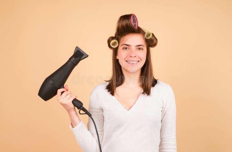 Woman Drying Hair with Professional Hair Dryer. Stock Photo - Image of ...