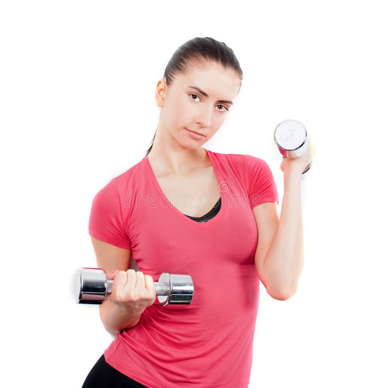 Woman with dumbbells stock image. Image of interior, white - 12918769