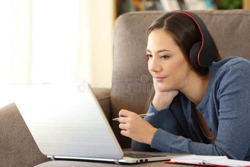 Woman E Learning Watching Tutorials Online Stock Image - Image of happy ...