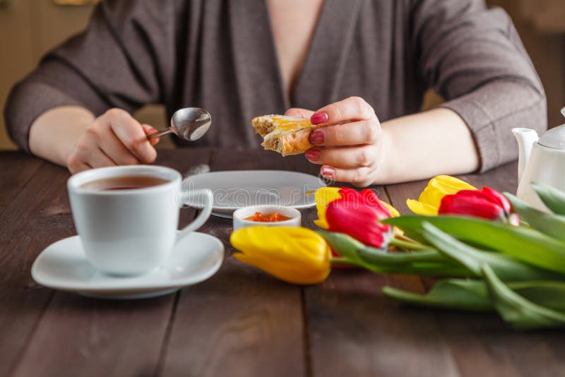 Woman Eat Bread and Jam and Drinking Tea Stock Photo - Image of healthy ...