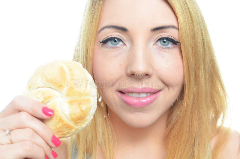 Woman eating bread roll stock image. Image of human, hunger - 37589481