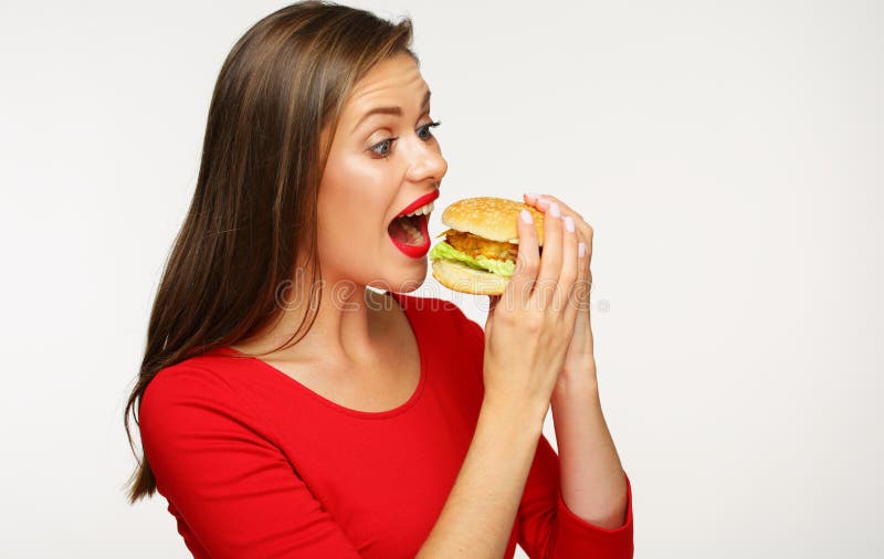 Woman Eating Burger. Isolated Portrait on White Stock Photo - Image of ...