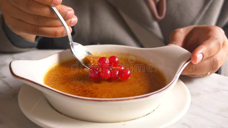 Woman Eating Caramel Custard Pudding Stock Footage - Video of creme ...