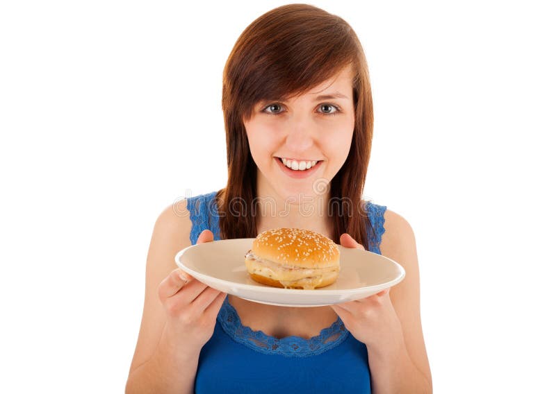 The Woman is Eating a Cheeseburger Stock Image - Image of beauty, young ...