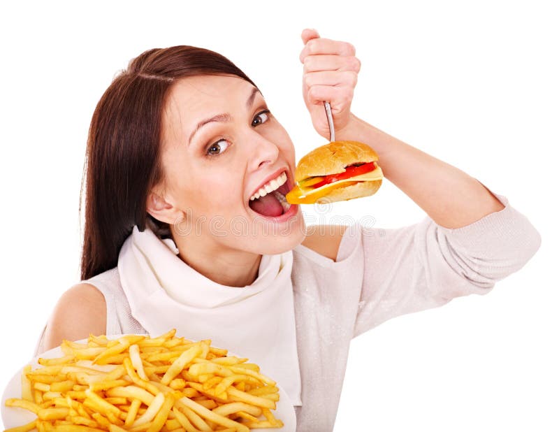 Woman eating fast food. stock photo. Image of foods, person - 24459206