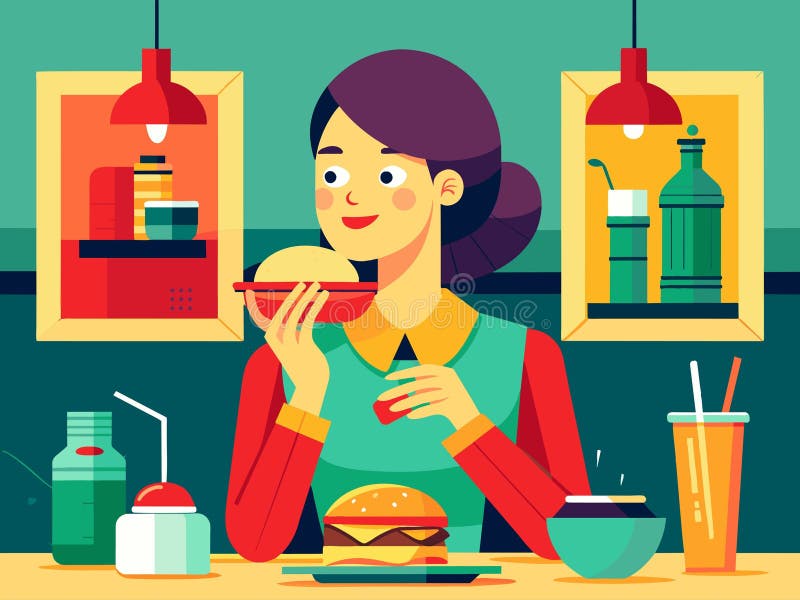 Woman eating fast food stock illustration. Illustration of dinner ...