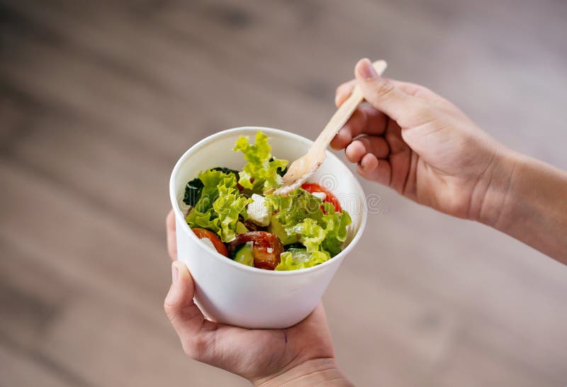 Eating Healthy Salad from Paper Container Stock Photo - Image of lunch ...