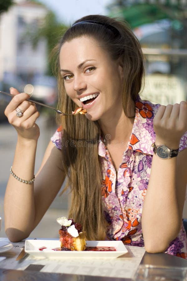 Woman eating pie stock photo. Image of fork, happiness - 6479602