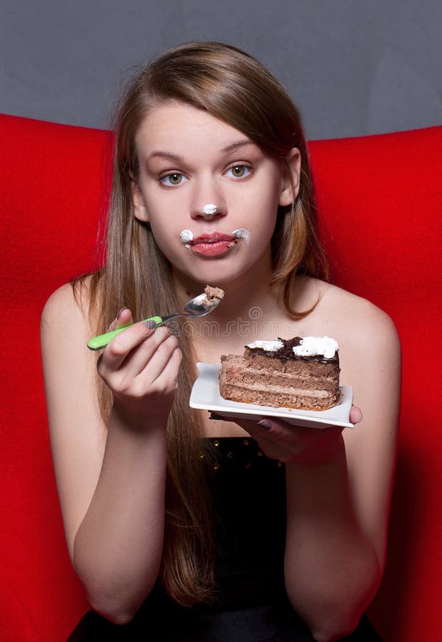 Woman eating pie stock image. Image of cream, hungry - 34741207
