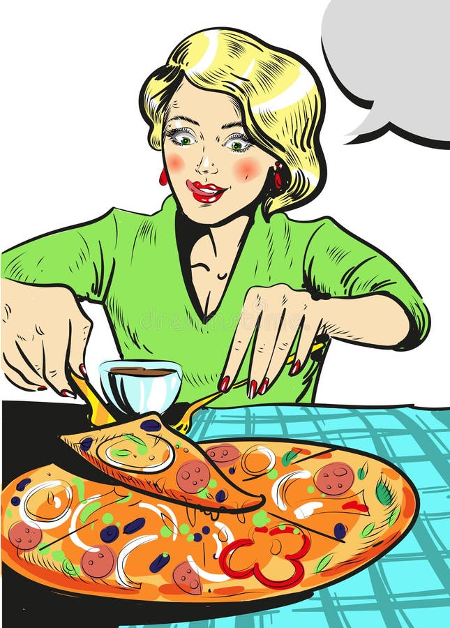 Woman Eating Pizza with Emotion Pop Art Comic Style Illustration Stock ...