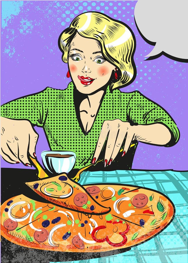 Woman Eating Pizza with Emotion Pop Art Comic Style Illustration Stock ...