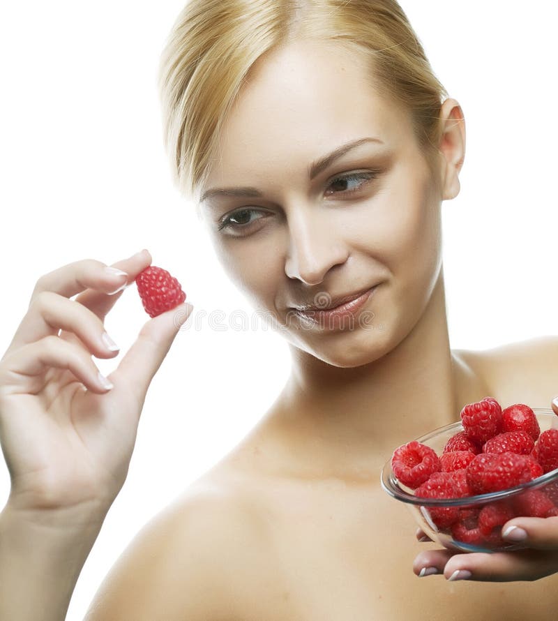 Woman Eating a Raspberry. Isolated Over White Stock Photo - Image of ...