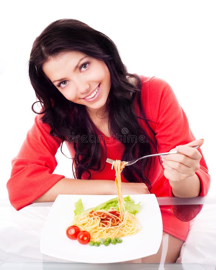 Woman eating spaghetti stock image. Image of happy, macaroni - 23815899