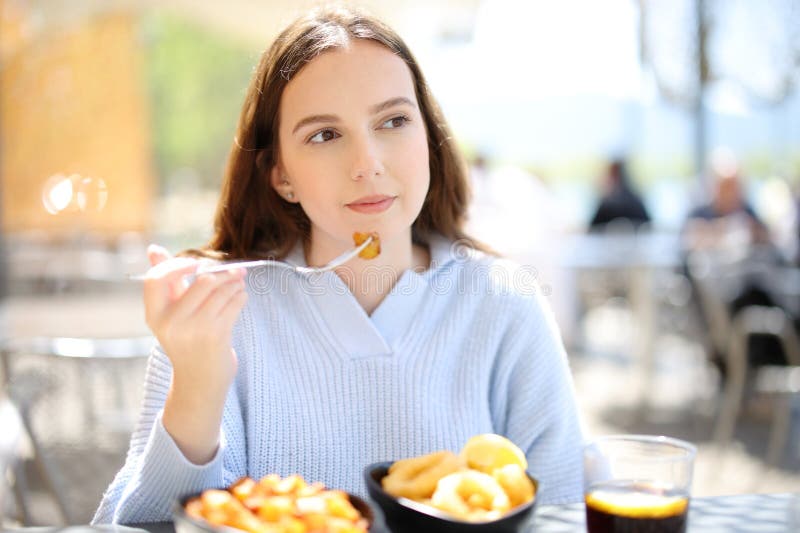 Woman Eating Tapas in a Restaurant Terrace Stock Image - Image of ...