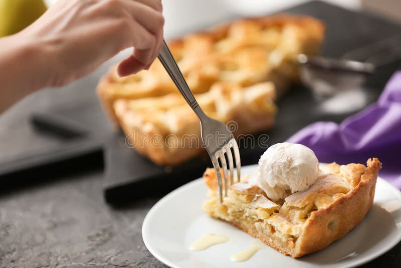 Woman Eating Tasty Apple Pie in Kitchen Stock Image - Image of dessert ...