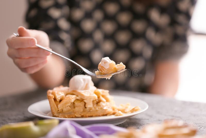 Woman Eating Tasty Apple Pie in Kitchen Stock Image - Image of organic ...