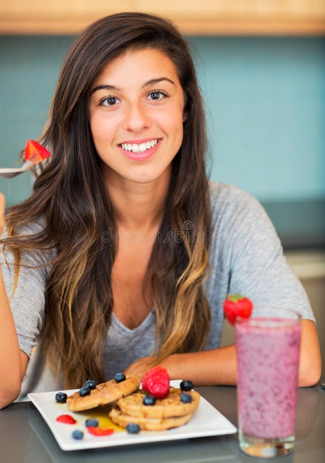 Woman Eating Waffles with Fresh Fruit Stock Photo - Image of pancake ...