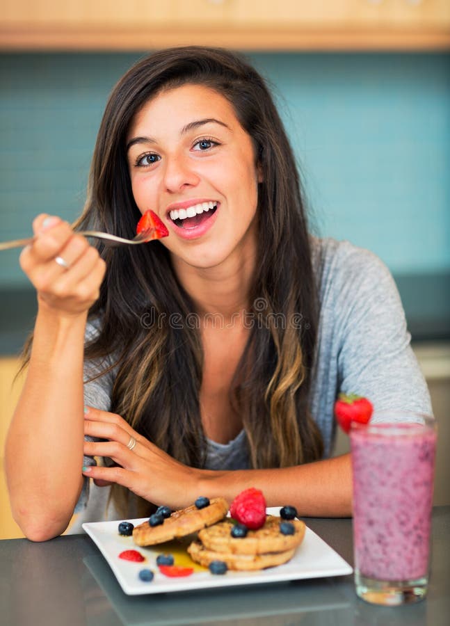 Woman Eating Waffles with Fresh Fruit Stock Image - Image of nutrition ...