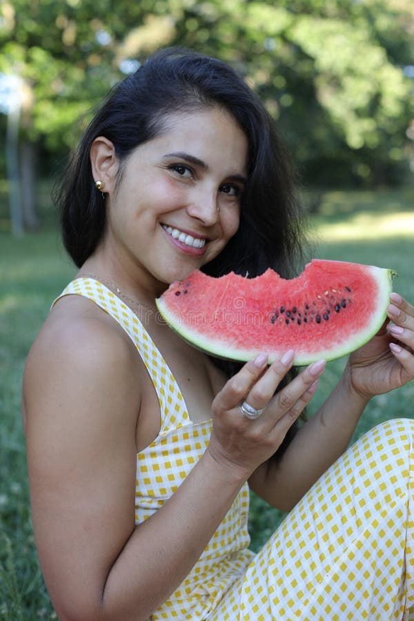 Woman Eating a Watermelon Slice Stock Image - Image of diet, girl: 390177523