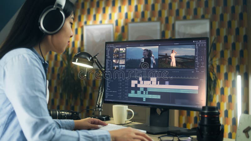 Woman Editing Video in Professional Software Stock Image - Image of ...