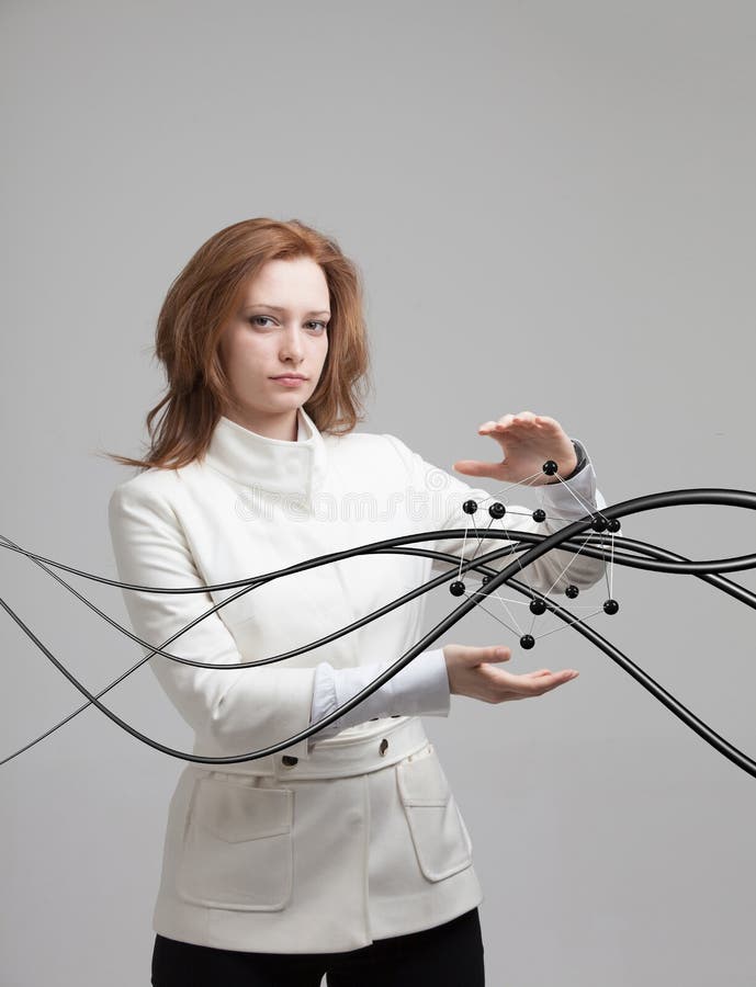 Woman with Electrical Cables or Wires, Curved Lines. Stock Photo ...